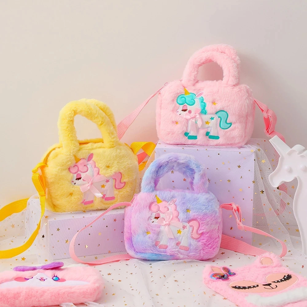 Kid Unicorn Embroidery Plush Crossbody Purses And Handbags Little Girls ...