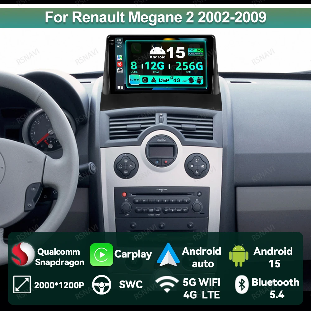 Radio de coche Android 15 para Renault Megane 2 2002-2009 GPS QLED ...