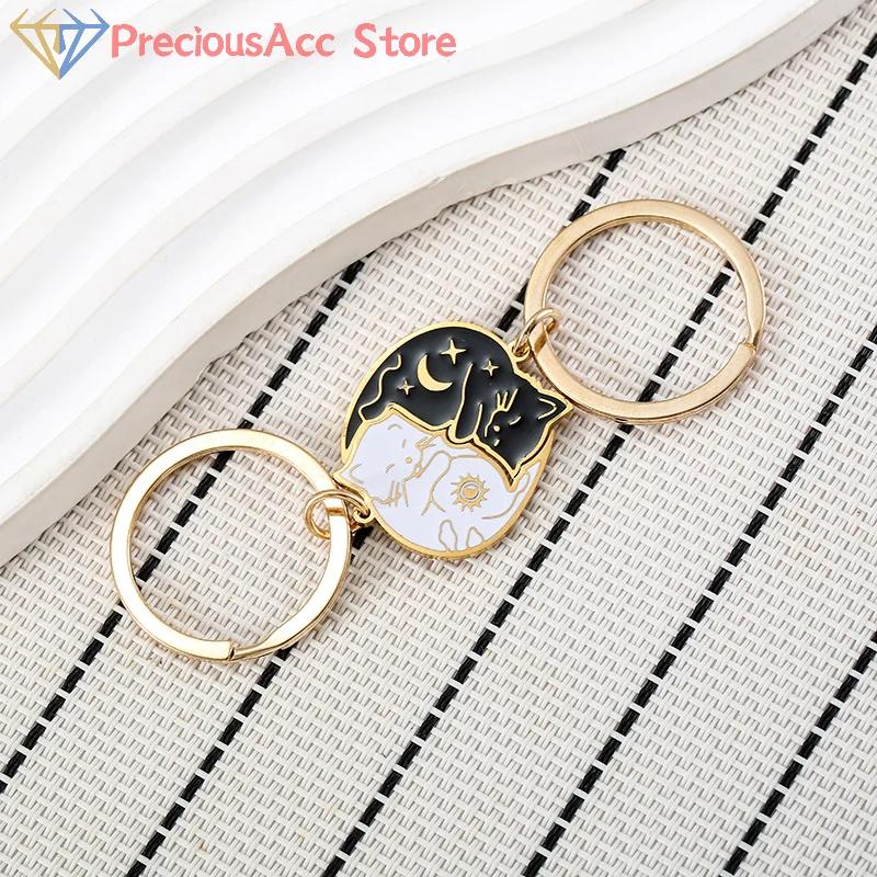 1Pair Cute Creative Black And White Cartoon Sun Moon Cat Keychain ...