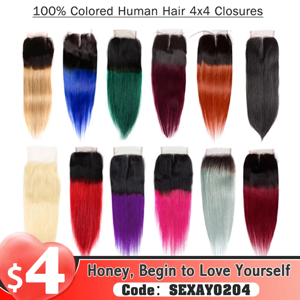 Sexay 4x4 Lace Closures With Baby Hair Remy Brazilian Human Hair Ombre ...
