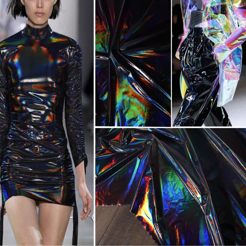 Mirror Laser Coating PU Fabric Bright Black Colorful Reflective Leather ...