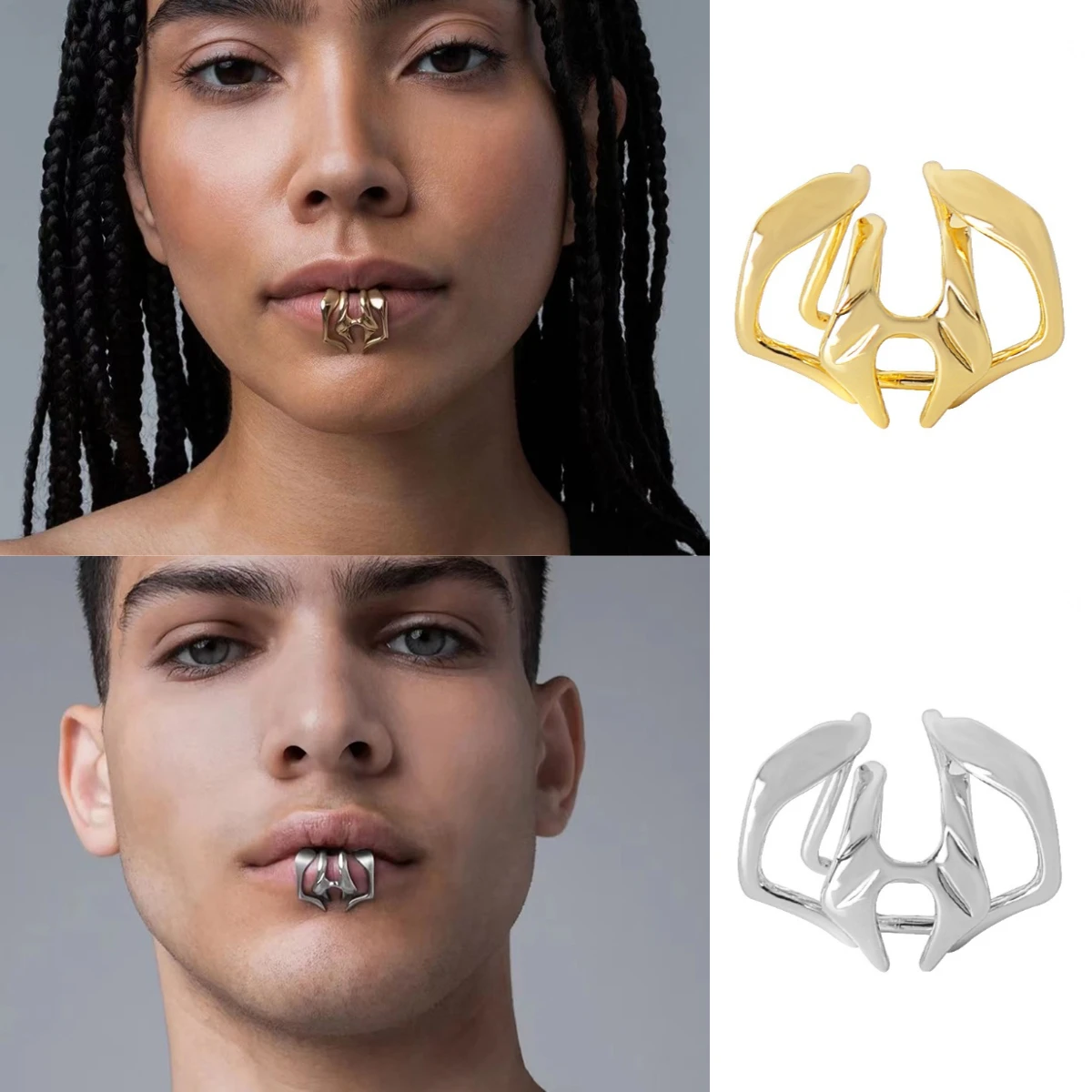 No-Piercing-Lip-Clip-Gothic-Geometric-Beast-Tooth-Metal-Lipring-Unisex ...