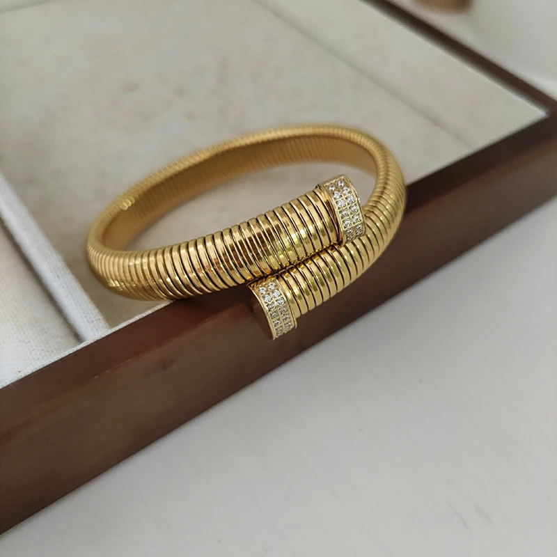 Goose-throat-chain-wide-elastic-open-bangles-stainless-steel-cz-stone ...