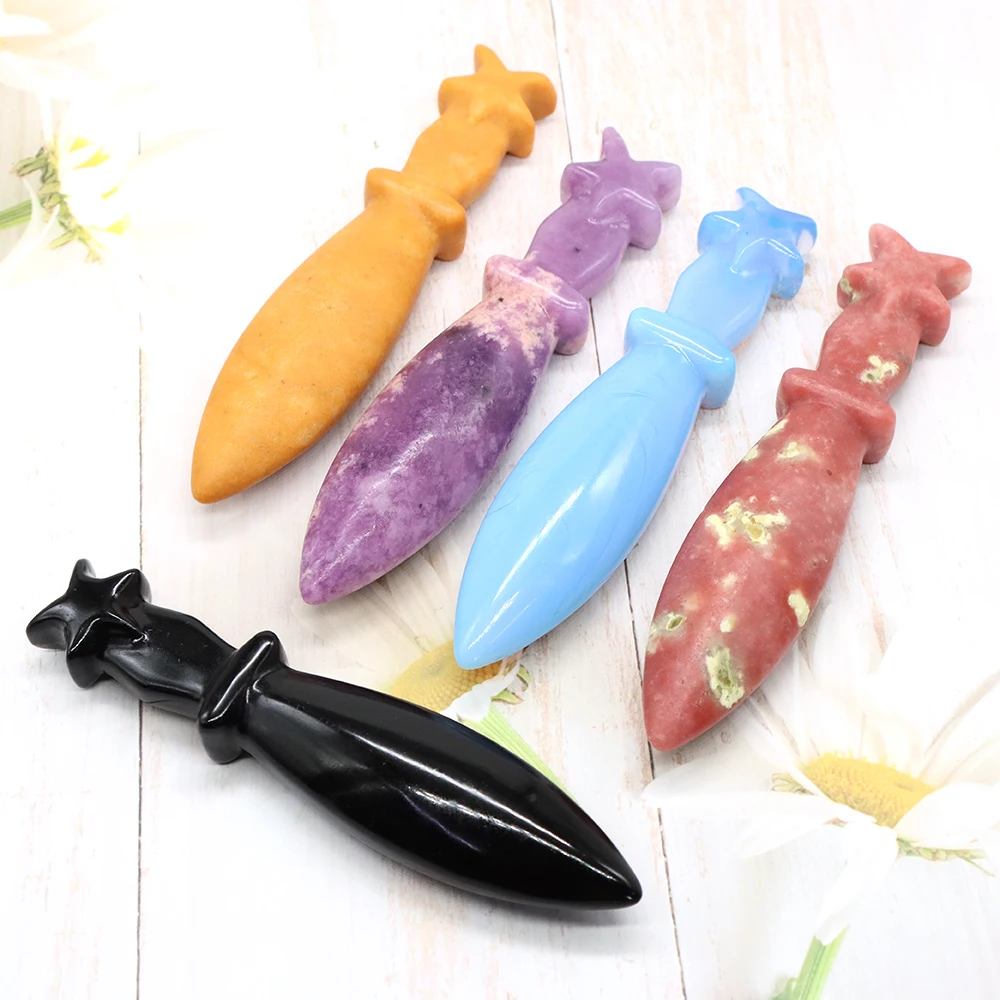 Natural-Quartz-Crystal-Dagger-M-o-esculpida-Gems-Black-Obsidian-Faca ...