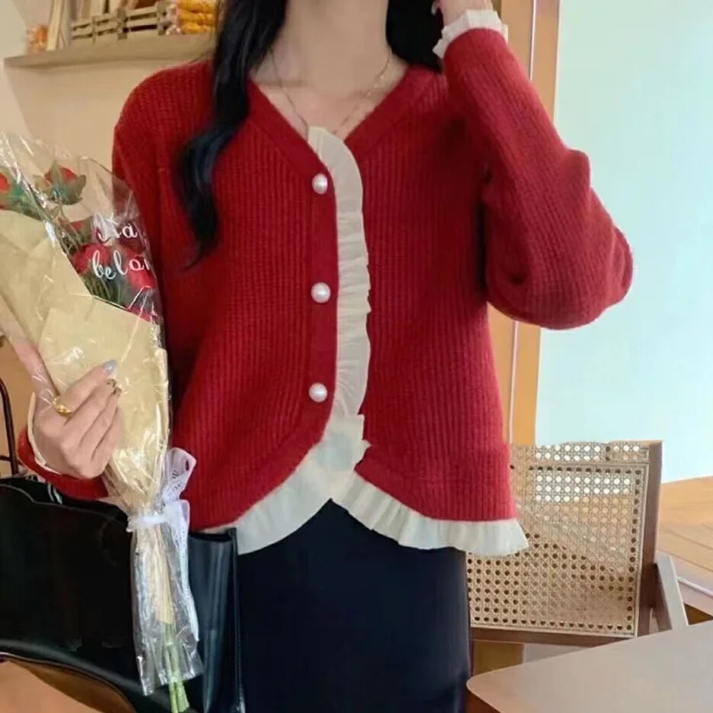 Korean-Style-Chiffon-Stitching-Knit-Pearl-Buckle-V-neck-Sweater ...