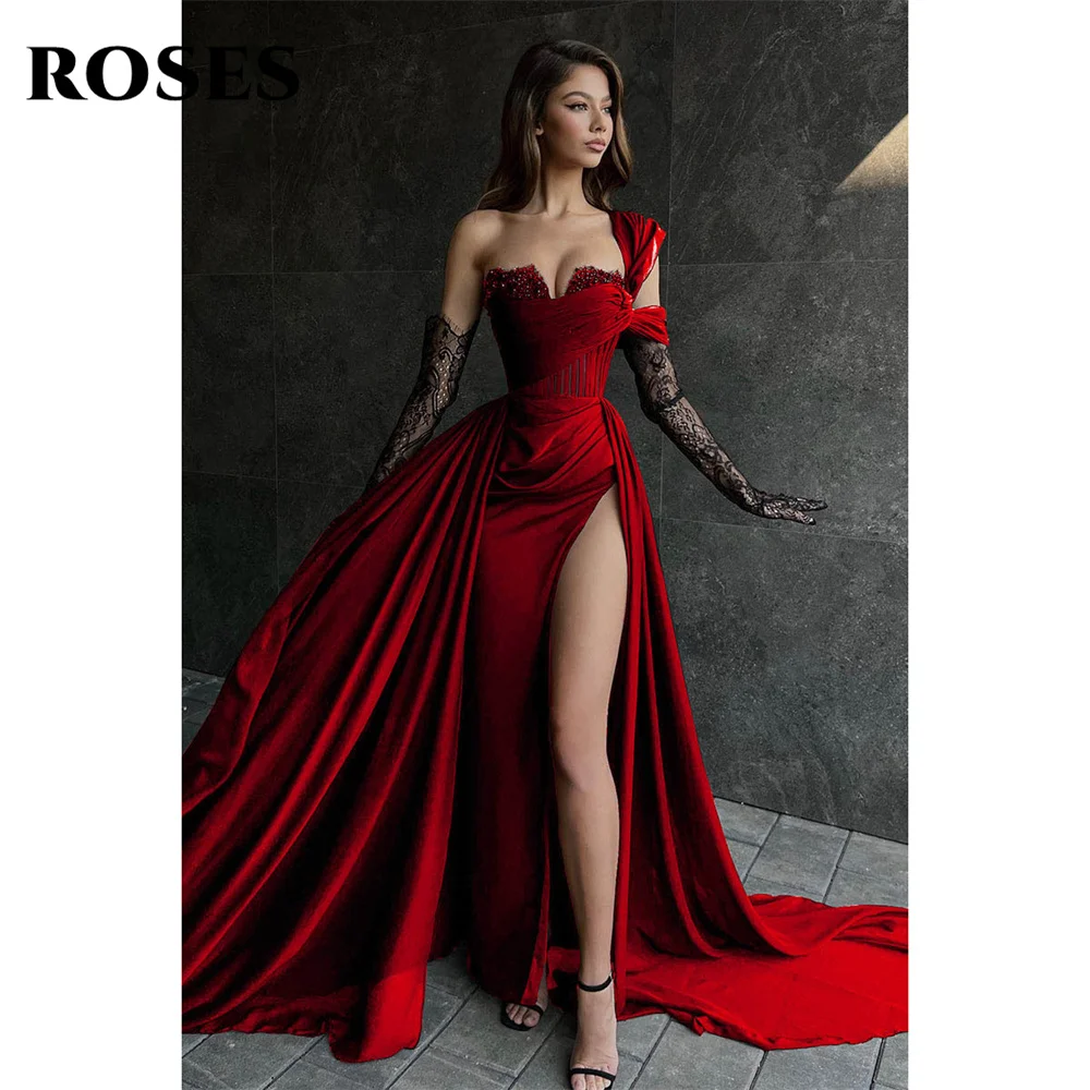 ROSES Red Stain Chic Woman Evening Dress Gown One Shoulder Lace Ball ...