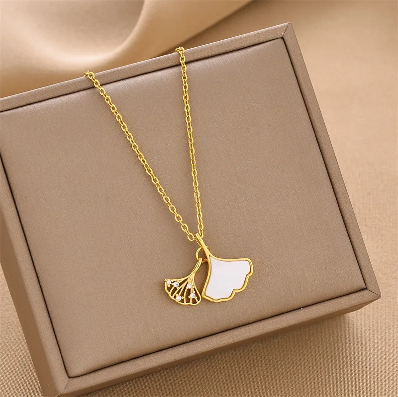 Apricot-Leaf-Necklace-Small-Fan-Shell-Pendant-Stainless-Steel-Jewelry ...