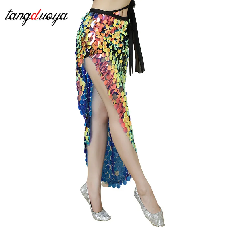 Womens Sequin Belly Dance Lace-Up Hip Scarf Long Skirt Party Stage ...
