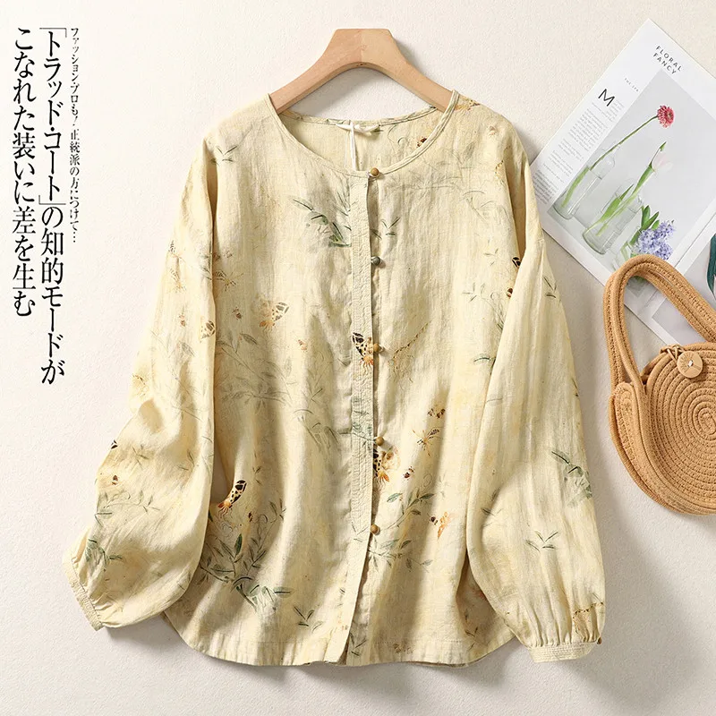 Limiguyue-Floral-Print-Cotton-Linen-Blouse-Loose-Buckle-Button-Women ...