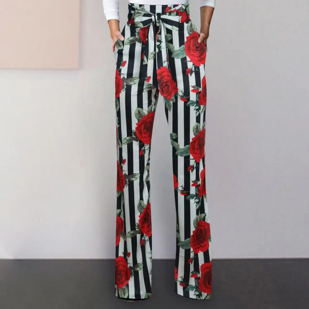 Women-Pants-Flower-Print-High-Waist-Wide-Leg-Straight-Lace-Up-Bow-knot ...