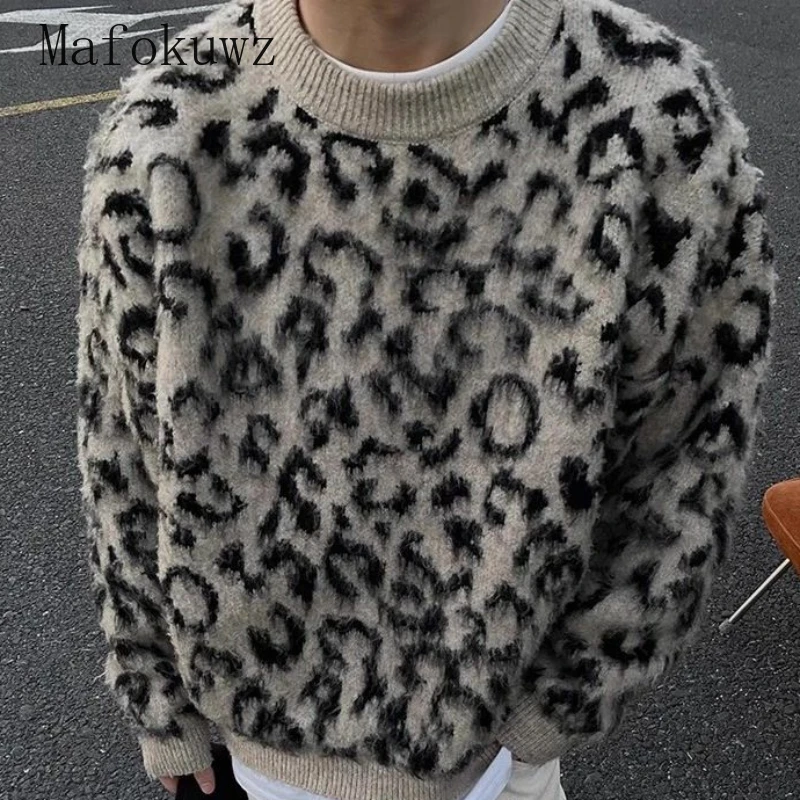 American Retro Leopard Printed Sweater Fashionable Warm O-neck Loose ...