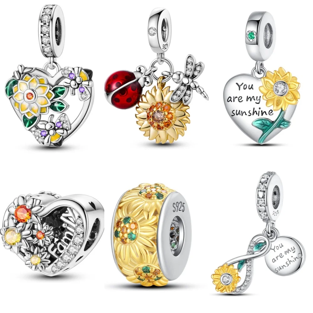 925-Sterling-Silver-Golden-Sunflowers-Heart-Series-Charms-Beads-Fit-Original-Pandora-Bracelets ...