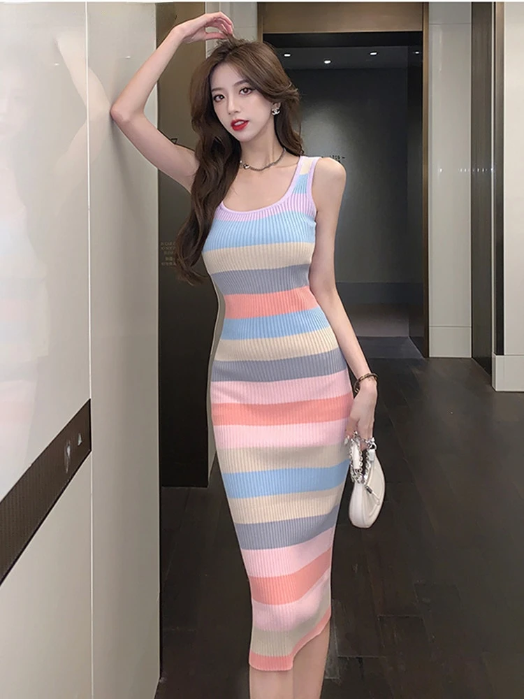 New-Sweet-Candy-Color-Striped-Long-Knit-Dress-Women-Summer-Sexy ...
