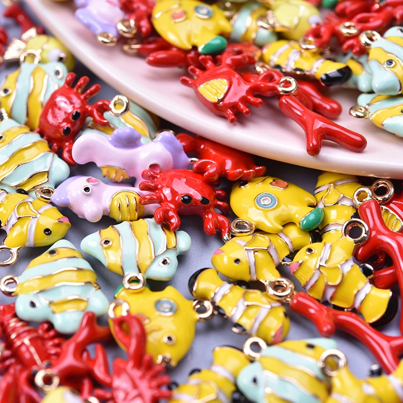 5-9Pcs-Enamel-Cute-Marine-Life-Goldfish-Hippocampus-Crab-Charms-Cartoon ...