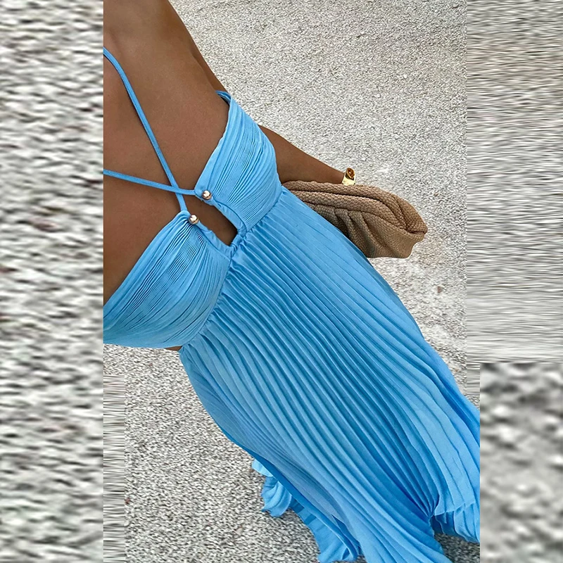 Women Sexy Halter Pleated Beach Dresses Elegant Off Shoulder Sleeveless ...