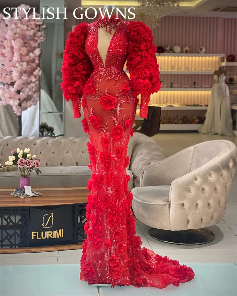 Luxury-Red-High-Neck-Evening-Gowns-Lantern-Sleeve-Birthday-Party-Gown ...