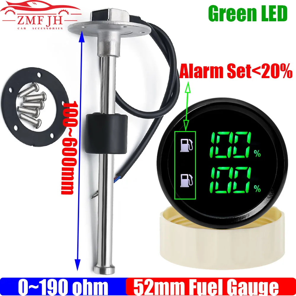 Green LED Digital Dual Gauge with Alarm 52MM Dual Fuel Level Gauge for ...