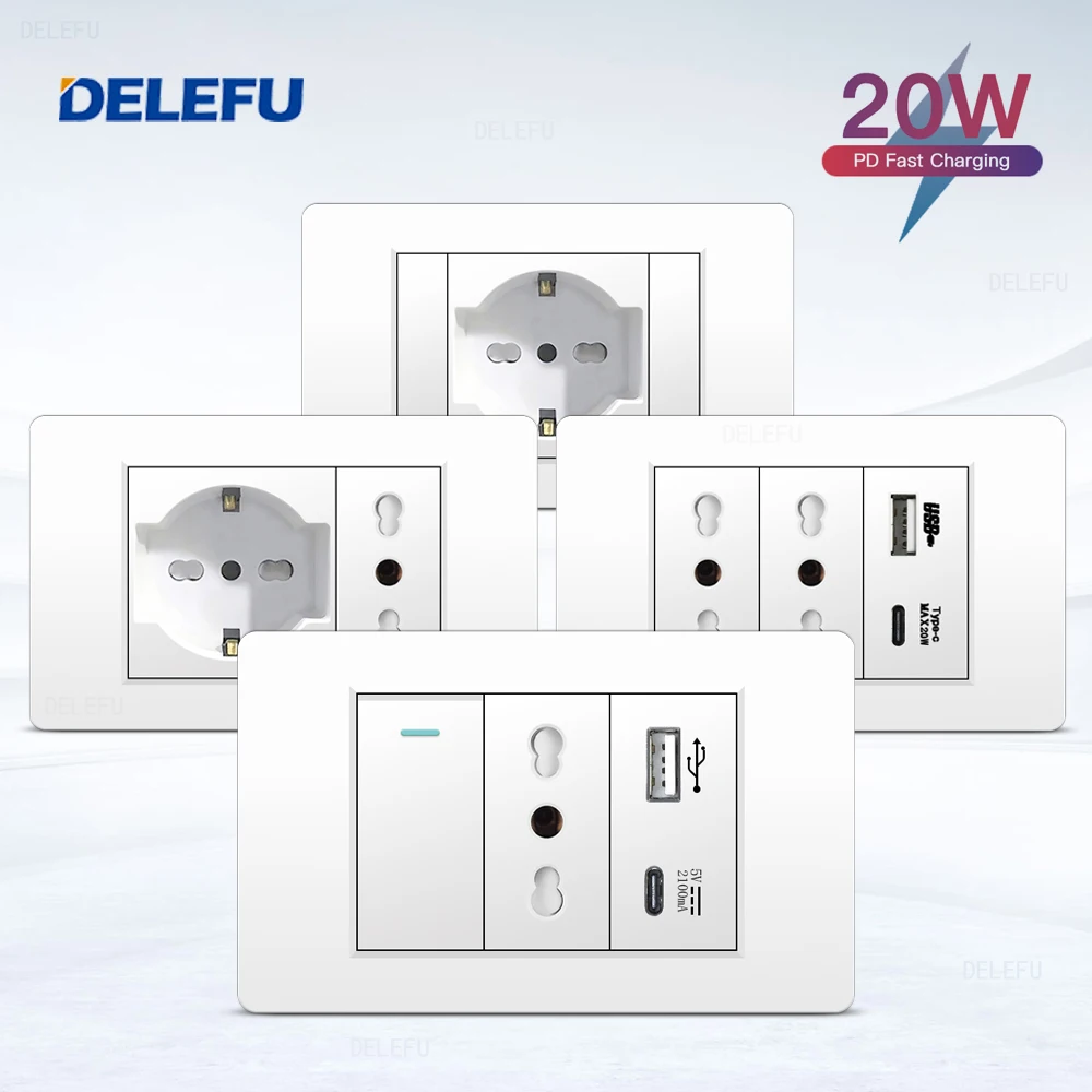 DELEFU-White-Retardant-PC-Panel-Italy-Standard-Type-C-EU-Outlet-Plug ...