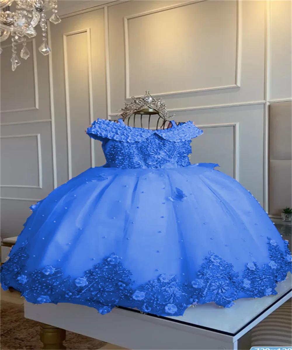 Royal-Blue-Pearl-Flower-Girl-Dress-Tulle-Appliques-Princess-Dresses ...