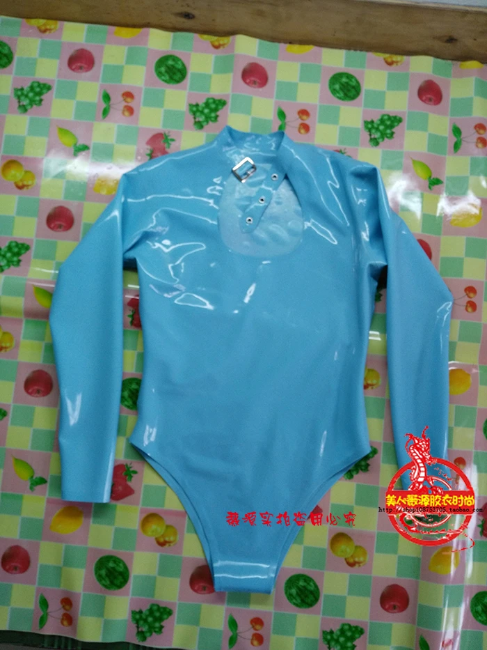 Sexy Blue Women's Long Sleeve Fetish Latex Swimwear Neck Entry Rubber ...