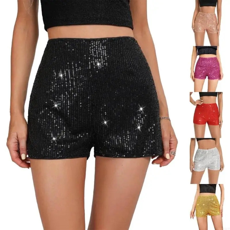 10CF Sequins Shorts for Women High Waist Elastic Straight Leg Shorts ...