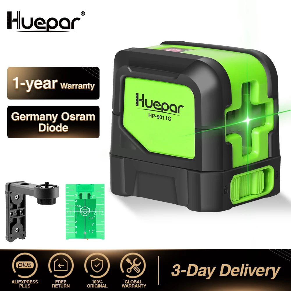 Huepar 2 Lines Laser Level Self Levelling ( 4 degrees) Green Red Beam ...