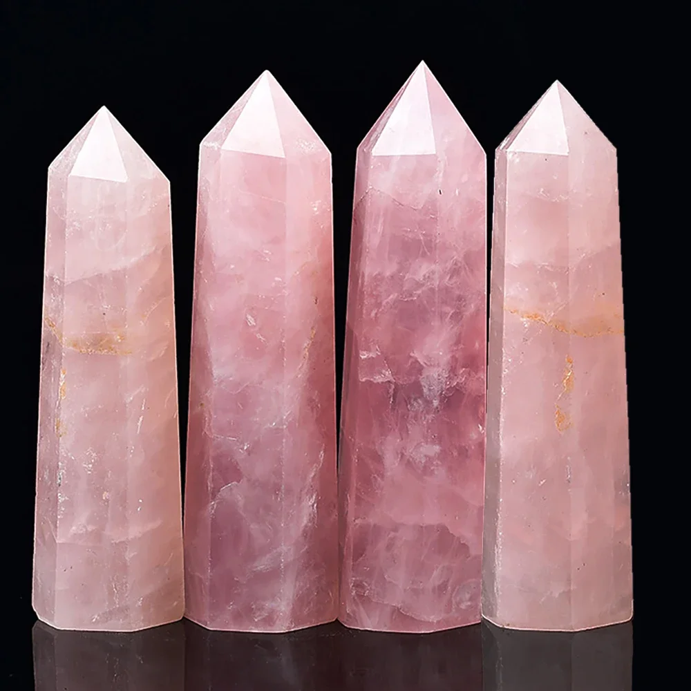 4PC Set Natural Rose Quartz Crystal Point Wand Pink Crystal Hexagonal ...