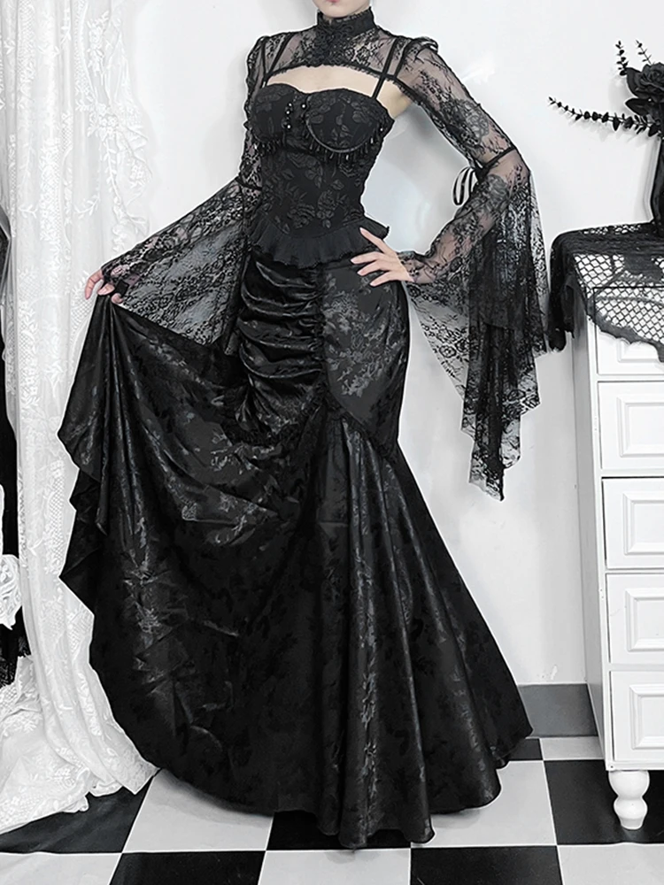 Women-s-Summer-Halter-Long-Dress-Gothic-Design-Lace-Splicing-Shrinking ...