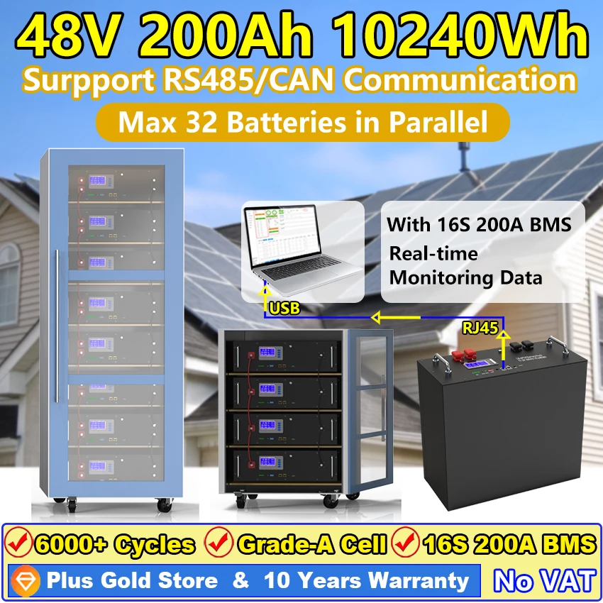 48v 200ah lifepo4 batterie 150ah 100ah 51,2 v 10kwh mit rs485 kann max 32 stücke in paralleler ...