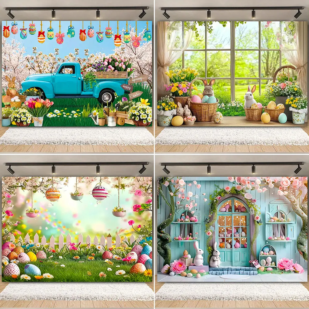 Happy Easter Backdrop Photography AI Scene Wooden House Flowers Rabbit ...