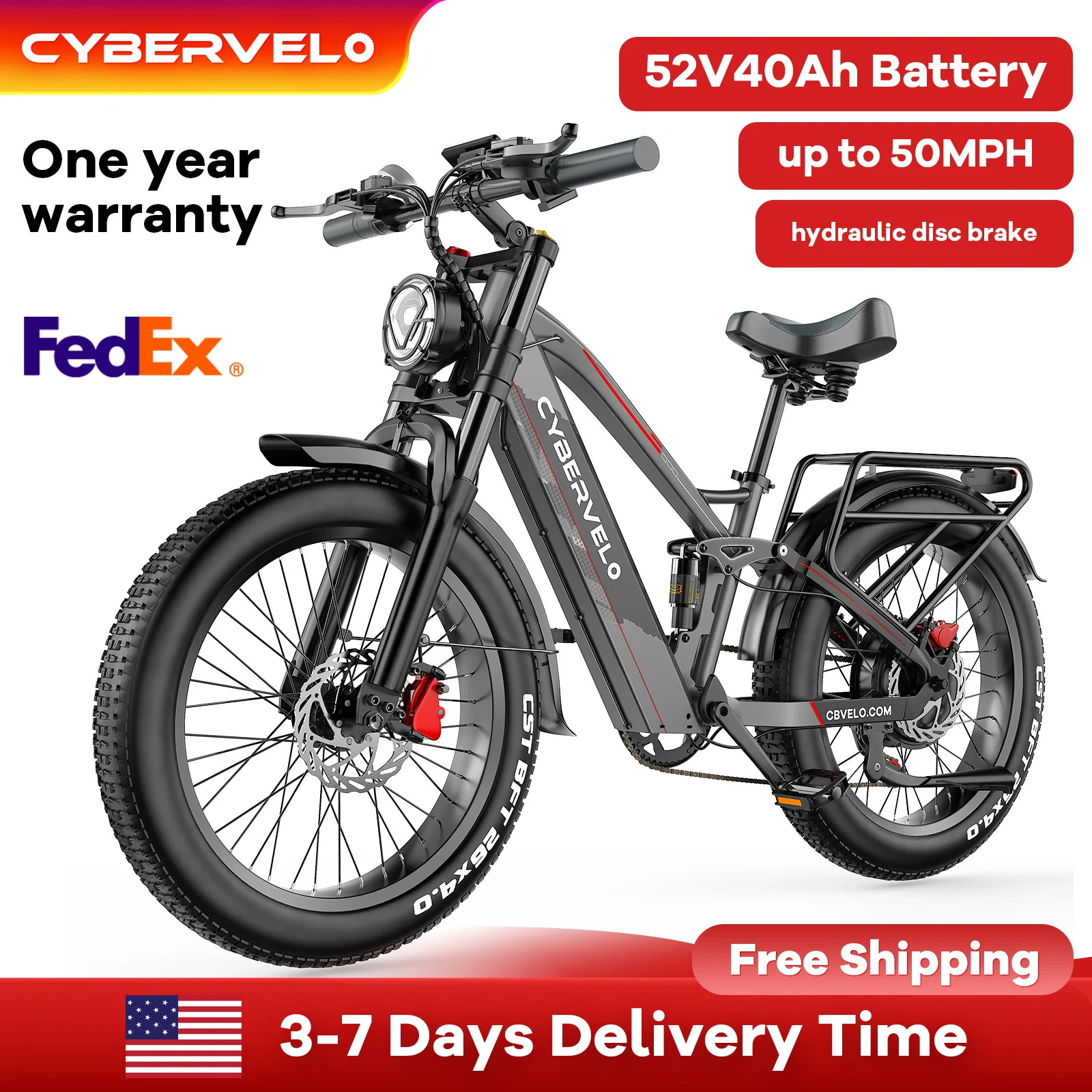 Cybervelo 26" ALU-Frame ebike for Adult,5000W Peak, 52V 40Ah Battery ...