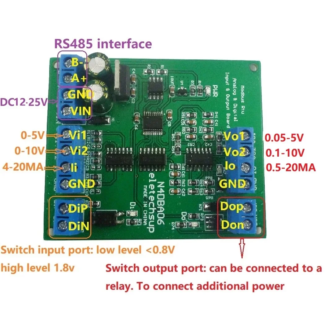 0-5V 0-10V 4-20MA DAC ADC RS485 Modbus RTU Board N4DBA06 DC 12V 8CH ...