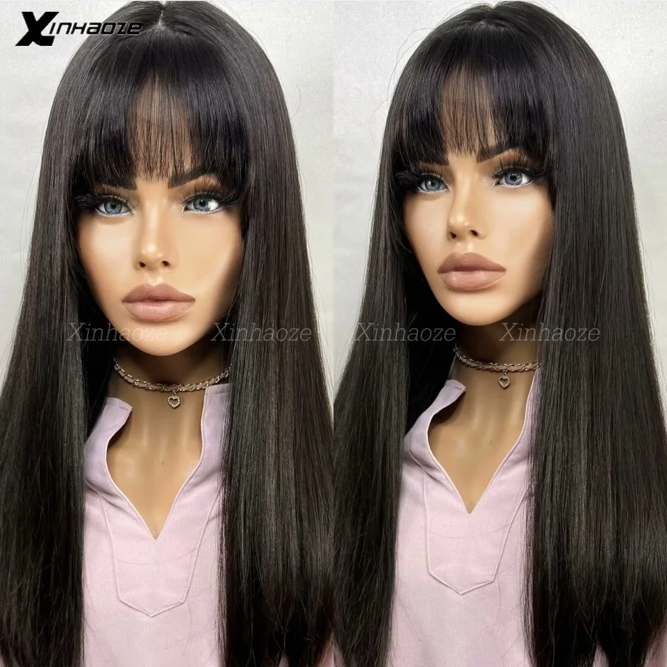 Glueless Silk Base Full Lace Human Hair Wig with Bangs Brazilian Silky ...