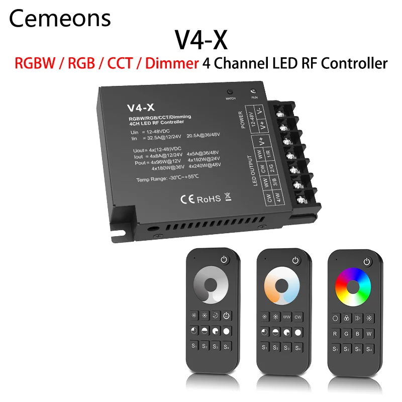 V4-X LED Controller 4CH RGB 2.4G RF DC12-48V Step-less Dimming Wireless ...