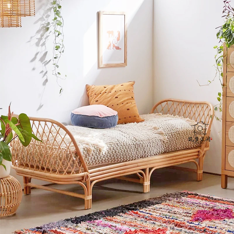 Real rattan single bed 1 meter 2 small bed children's rattan art bed ...