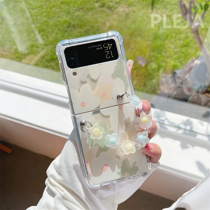 Cute Flower Wrist Strap Chain Phone Case For Samsung Galaxy Z Flip 3 4 ...