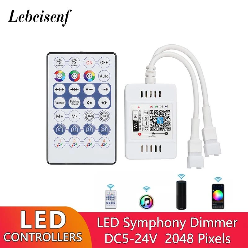 Wifi LED SPI Controller with 28 Key Remote Control Single/Dual Output 144W 2048 Pixels for ...