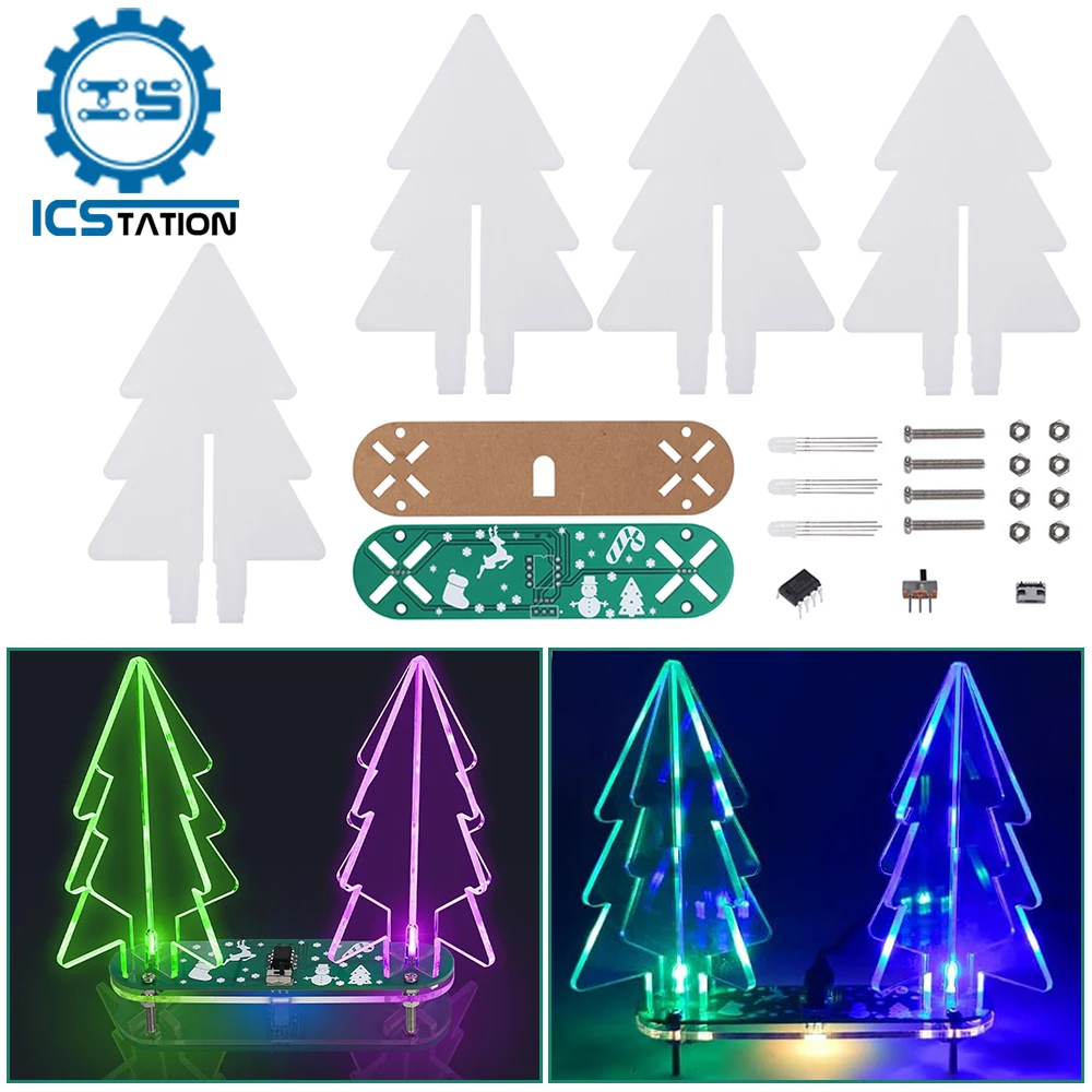 DIY-Electronic-Kit-3D-Christmas-Tree-RGB-LED-Flashing-Lights-Soldering ...