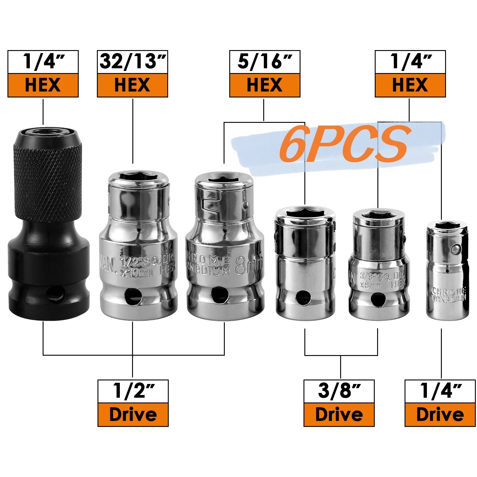 6-3Pcs-Square-Drive-to-Hex-Socket-Adapter-Kit-High-Carbon-Steel-Impact ...