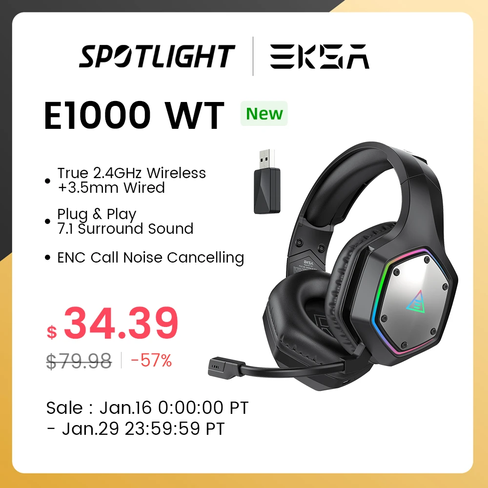 Eksa 2.4ghz Wireless Headphones E1000 Wt 7.1 Surround Wired Gaming ...