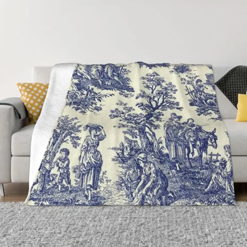 Toile-De-Jouy-Blue-Blanket-Soft-Fleece-Autumn-Warm-Flannel-French-Navy ...