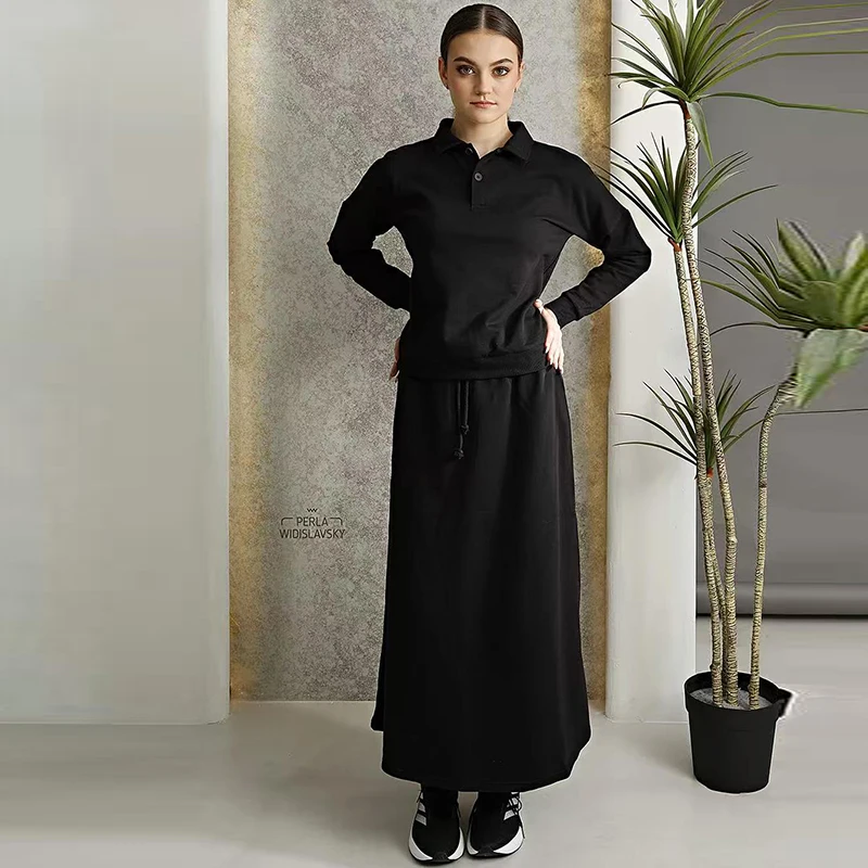 New Fall Women Lady Clothes Black Sweatshirt Shirt Maxi Waisted Skirt