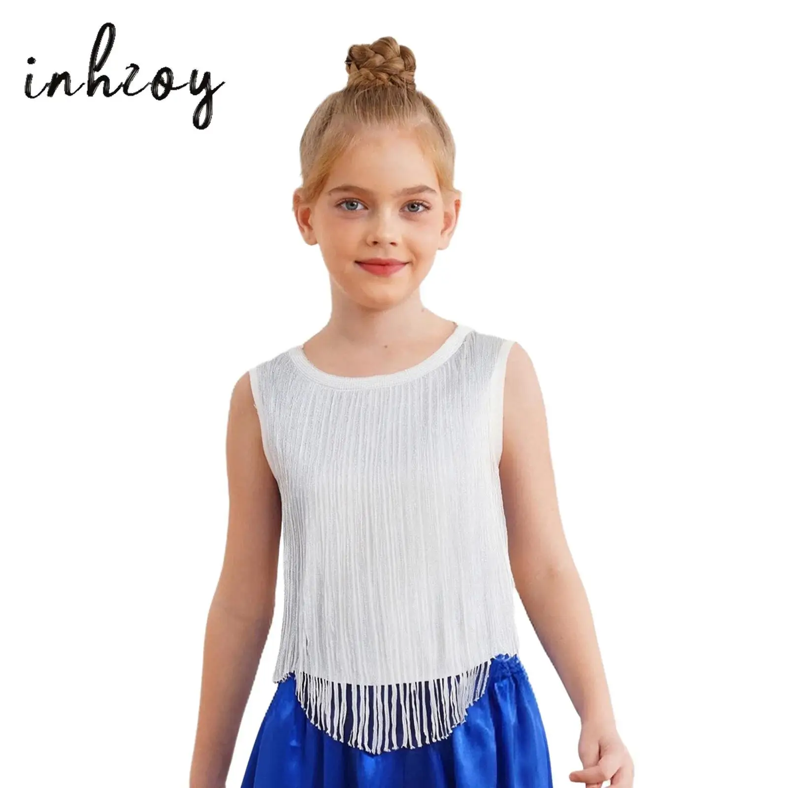 Kids Girls Hip-Hop Jazz Dance Top Sleeveless Tassel Curved Hem Fringe ...