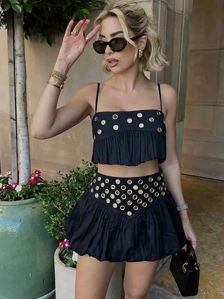 MCDV Summer Vacation Dress Set Women Metallic Decorated Pleated Sling ...
