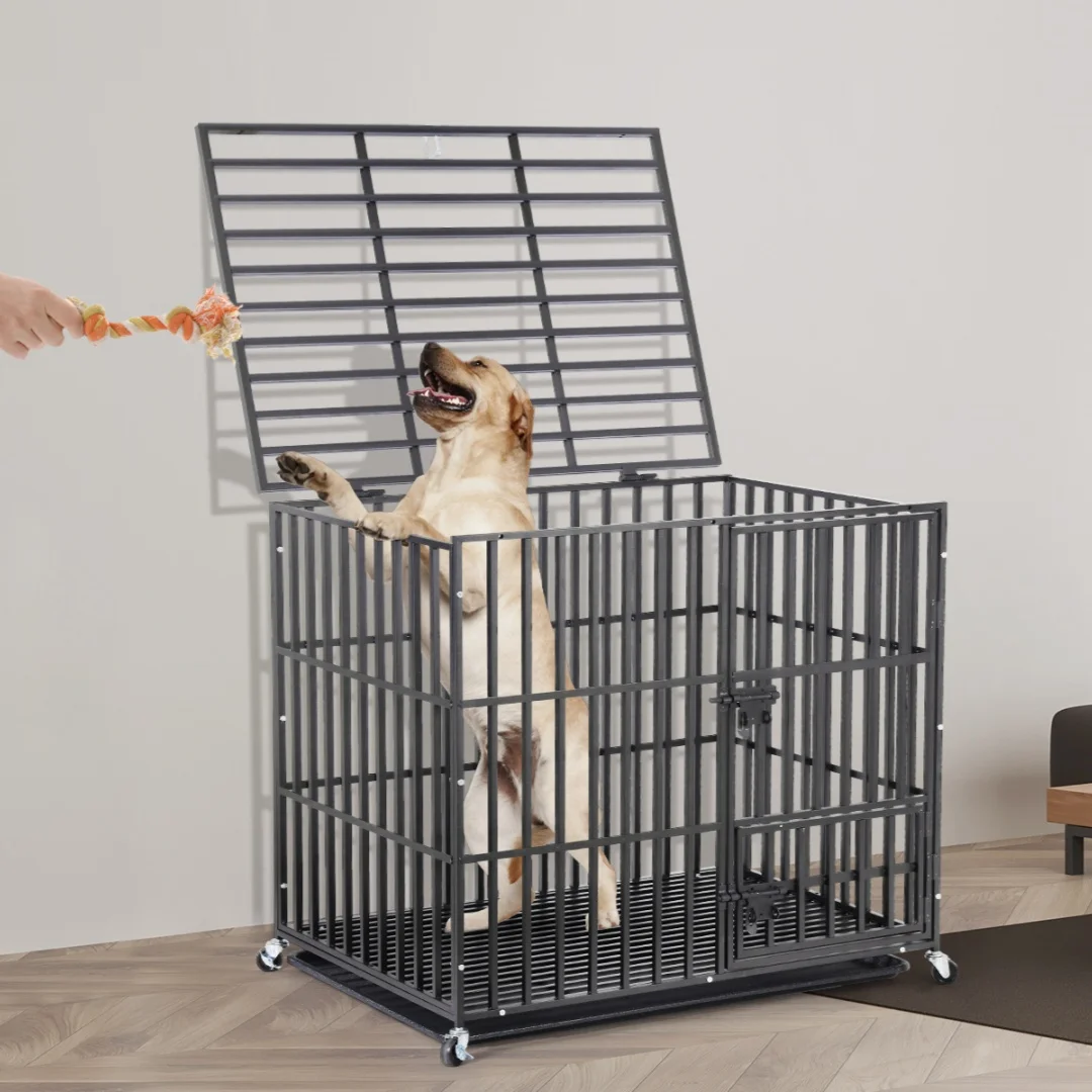 Mobile Heavy Duty Dog Crate Cage Metal Pet Kennel Playpen with 3 Doors ...