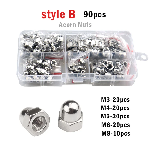 Tuerca hexagonal de acero inoxidable, Kit surtido de tuercas de bellota M3, M4, piezas, M5, M8 ...