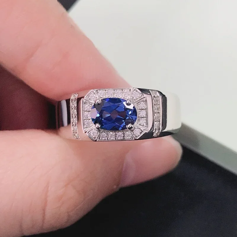 Solid-14K-White-Gold-AU585-Platinum-PT950-Men-s-Egg-Shaped-Sapphire ...