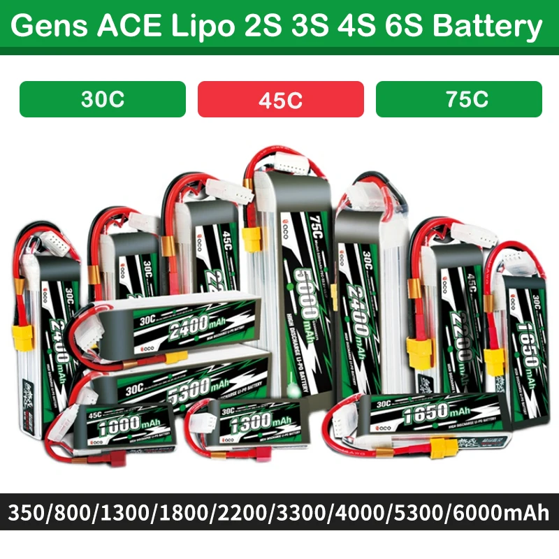 Gens ACE Lipo 2S 3S Lithium Battery 11.1V 800 1000 1300 1800 2200 3300 4000 5300MAH 45C 30C Four ...