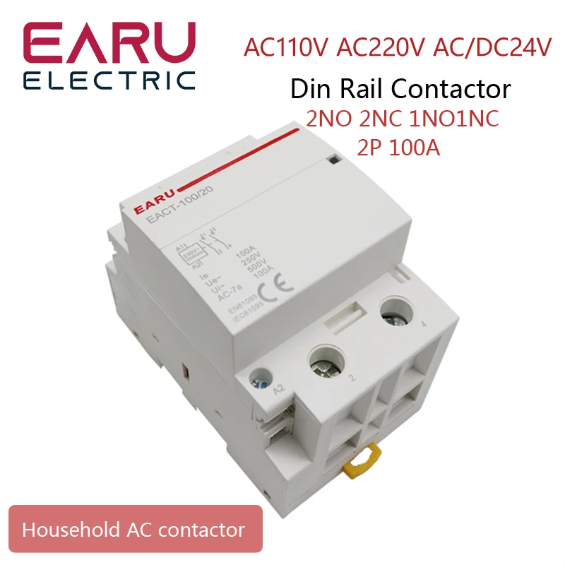 2P 100A AC 110V 220V 50/60Hz Din Rail Household AC Modular Contactor ...