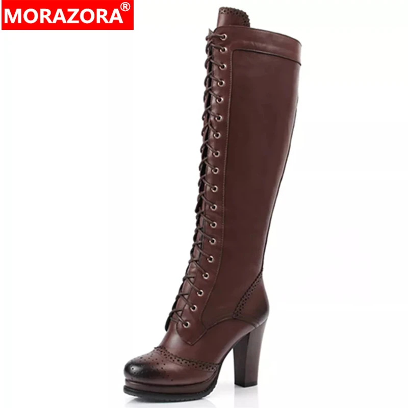 MORAZORA Plus size 34 43 New Genuine leather knee high boots women lace up platform high heels ...